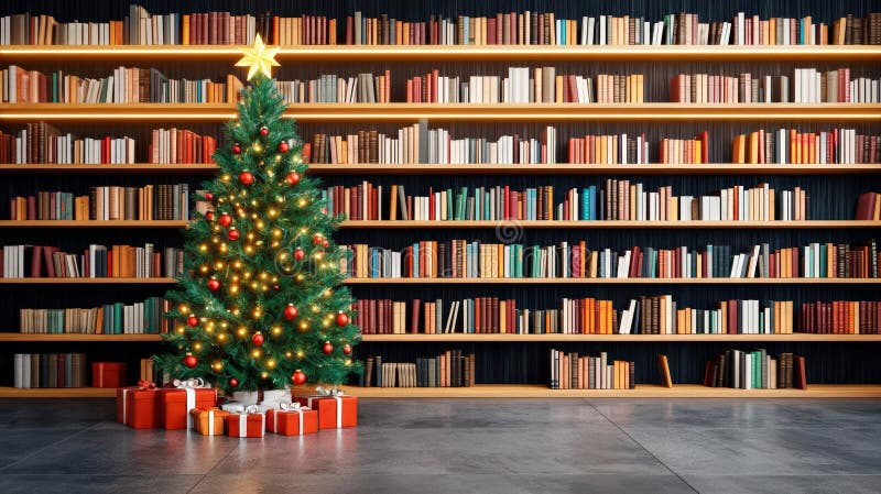 Festive Library Scene with Christmas Tree Stock Illustration ...