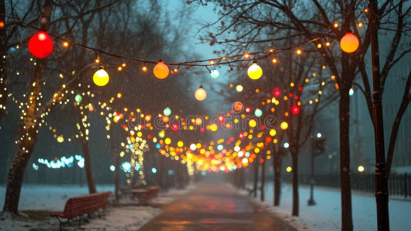 Festive Lights Adorn Snowy Winter Pathway Scene Stock Illustration ...