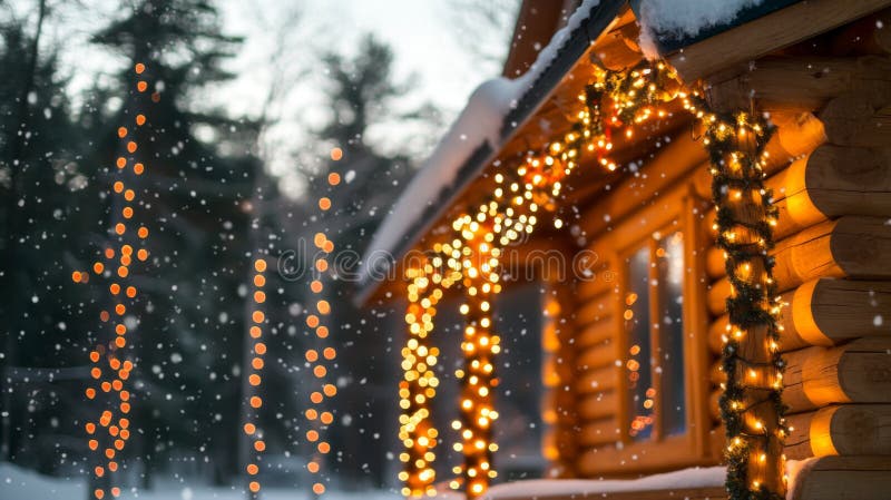 Festive Log Cabin Decorated with Lights and Snow Stock Illustration ...