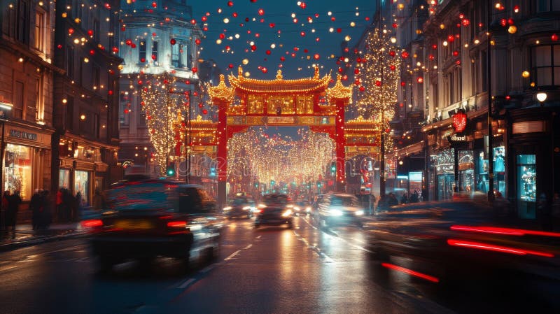 Festive London Street Scene Illuminated with Festive Lights Stock ...