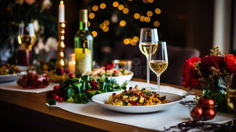 A Festive Lunch at a Table, Tired of Food and Snacks on Christmas Stock ...