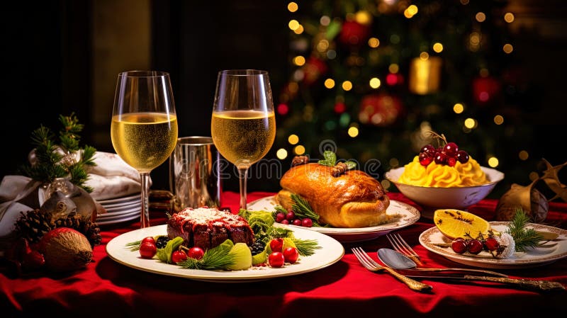 A Festive Lunch at a Table, Tired of Food and Snacks on Christmas Stock ...