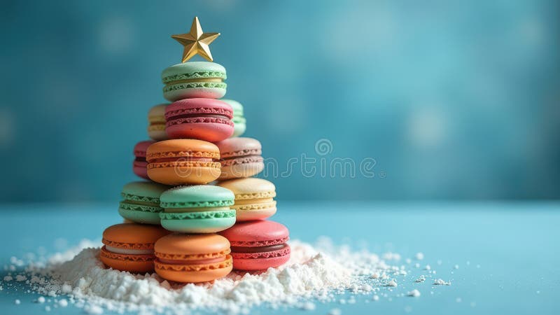 Festive Macaron Tree with Star Topper on Powdered Sugar Base Stock ...