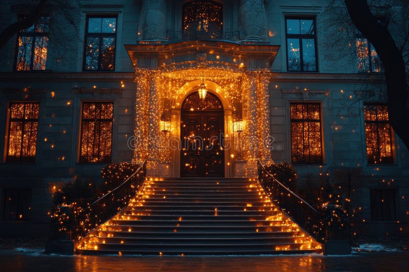 Festive Mansion Illuminated with Golden String Lights Stock Photo ...