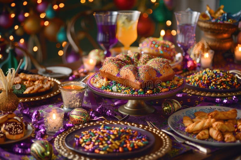 Festive Mardi Gras Table Setting with Traditional King Cake Stock ...