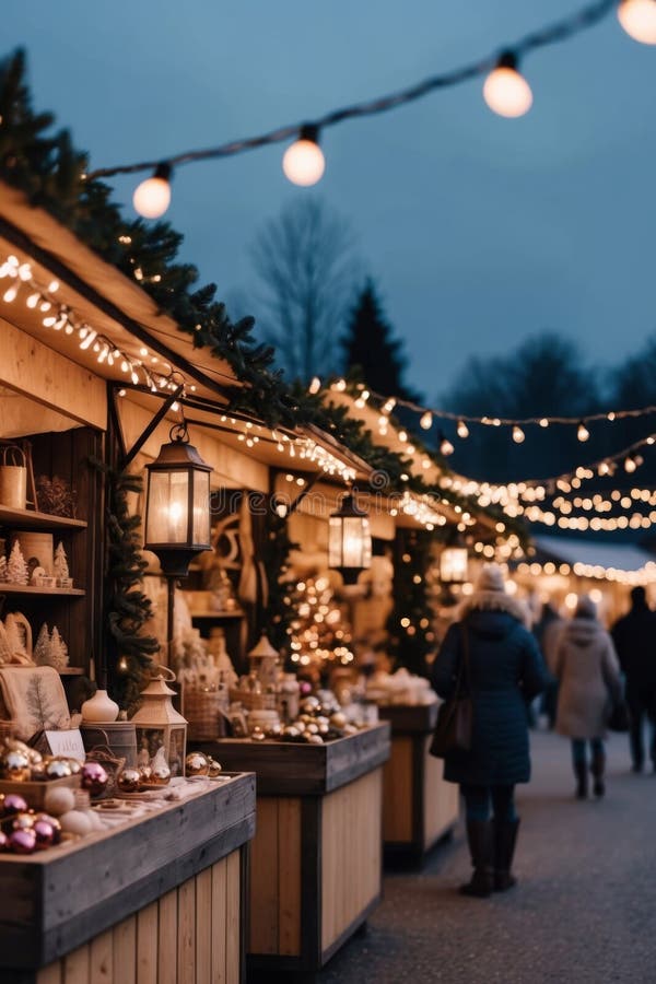 Festive Market Stalls with String Lights. Stock Illustration ...