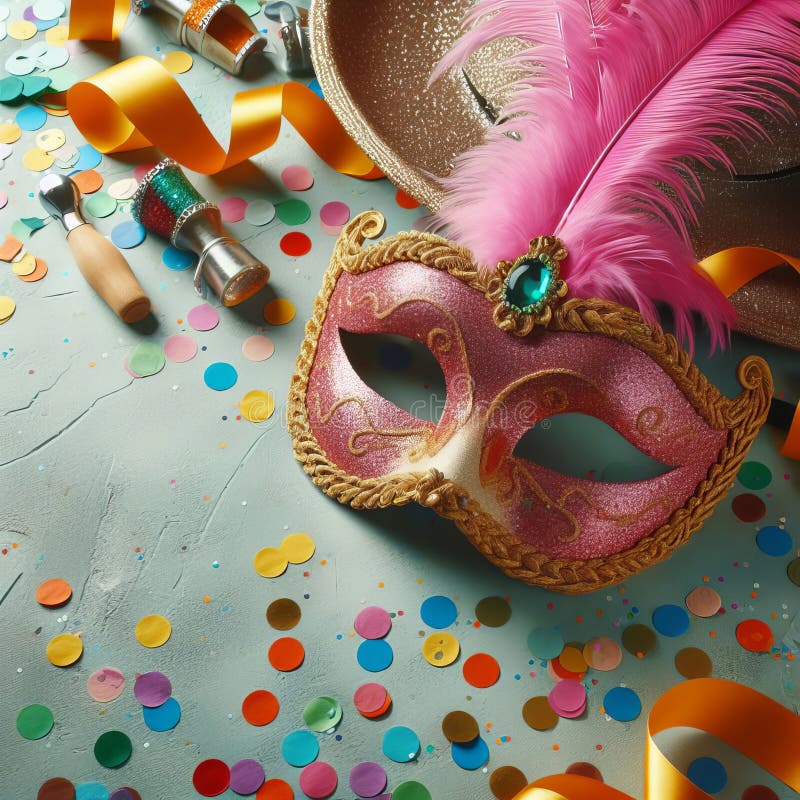 A Festive Masquerade Mask with Feathers and Confetti on a Glitter ...