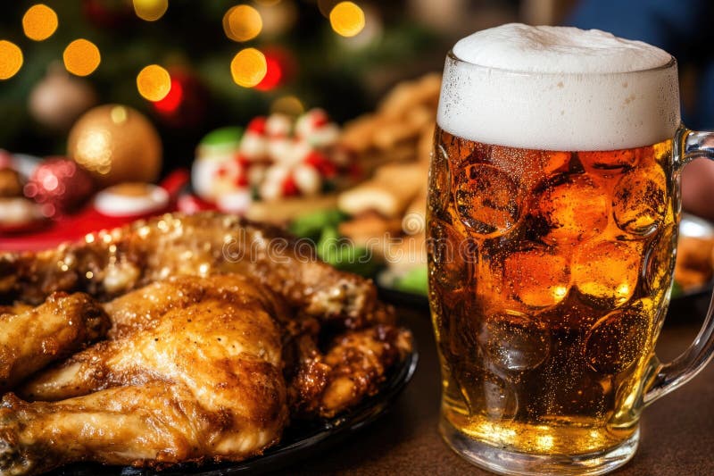 Festive Meal with Roast Chicken and Beer in a Cozy Holiday Setting ...