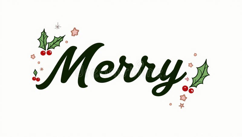 Festive Merry Script with Holly Leaves and Berries Stock Illustration - Illustration of card ...