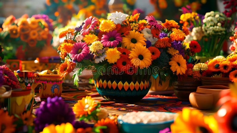 Vibrant Mexican Table Setting with Colorful Flowers Stock Photo - Image ...