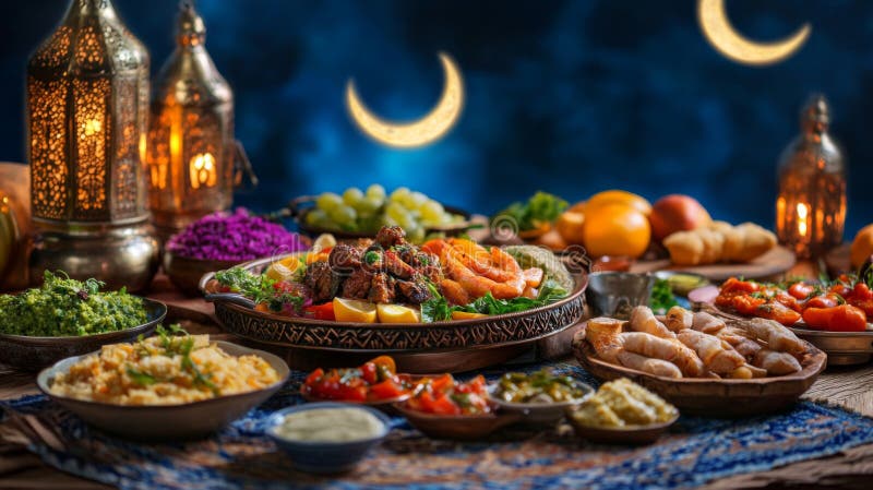 Festive Middle Eastern Feast Underneath Crescent Moons Stock ...