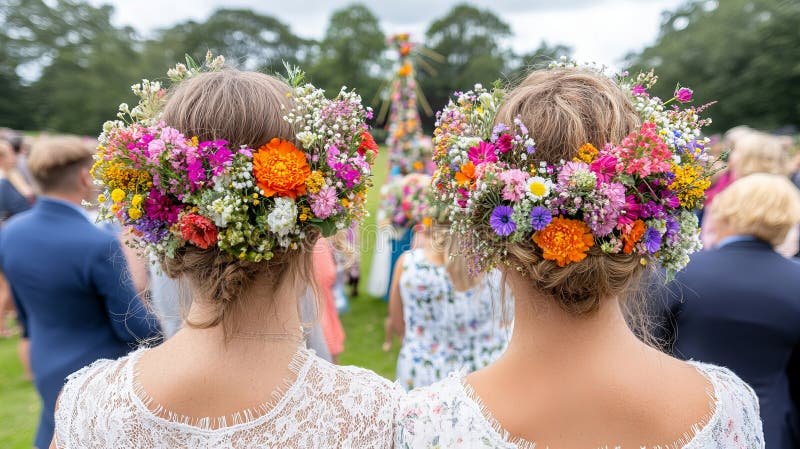 Festive Midsummer Celebration with Decorated Maypole and Flower Crowns ...