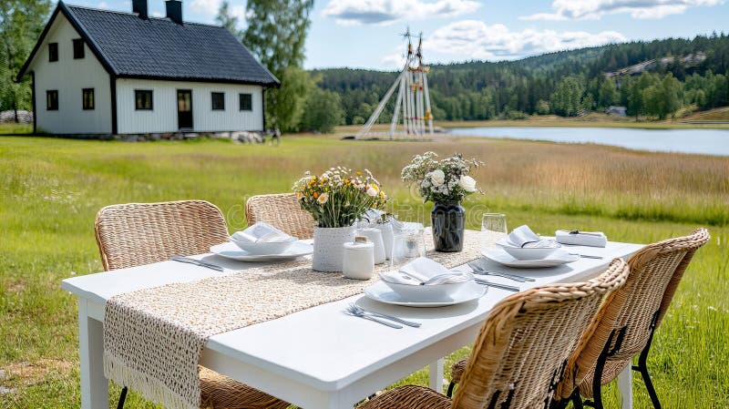 Festive Midsummer Celebration with Decorated Maypole and Outdoor Table ...