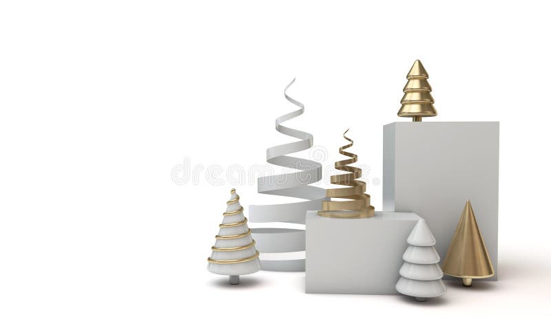 Festive Minimal Christmas Tree Banner with Gold and White Shapes. 3D ...