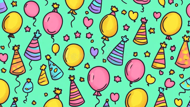 Festive Mint Green Background with a Pattern of Party Balloons and Hats ...