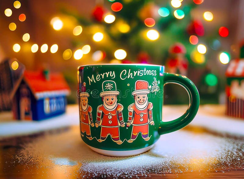A Festive Mug with a Christmas Scene Featuring Two Smiling Gingerbread ...