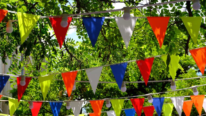 Festive Multi-colored Flags on the City Street. Stock Photo - Image of ...
