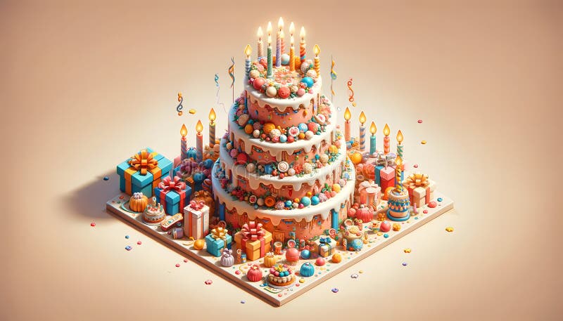 Festive Multi-Tiered Birthday Cake in Isometric View. Created with ...