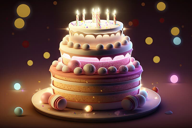 Festive Multilayer Sweet Birthday Cake on Illuminated Table Stock ...