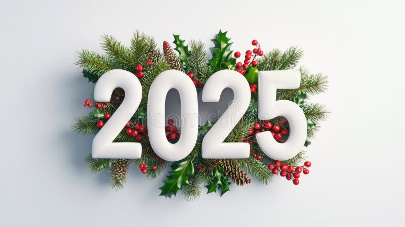 Festive 2025 New Year Celebration with Holly and Pine Decor Stock Photo ...