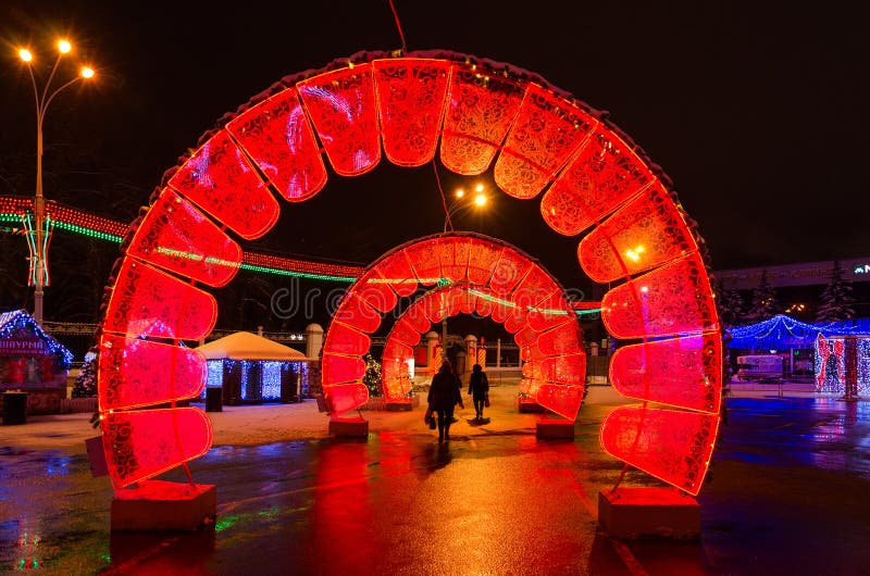 Festive New Year Illumination on Lenin Square, Night View, Gomel ...