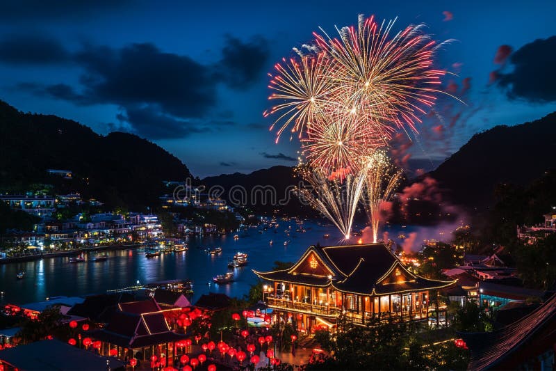 Festive New Year S Eve with Fireworks Over Traditional Asian ...