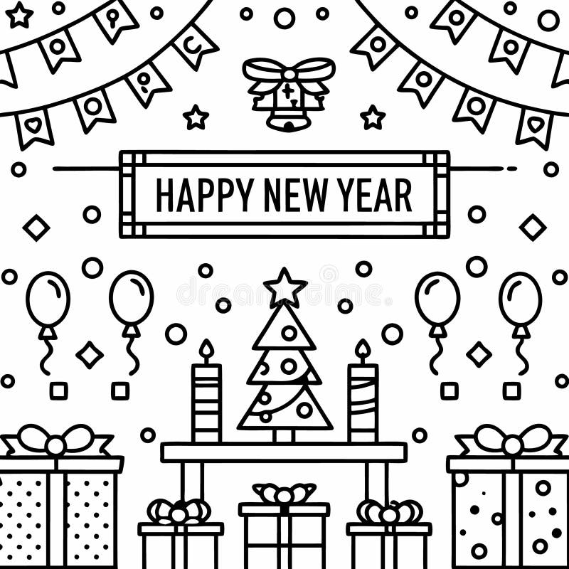 Festive New Year S Illustration with Line Art Style Stock Vector ...
