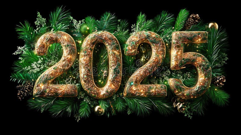 Festive 2025 New Year Theme Illuminated Numbers Pine Greenery Stock ...