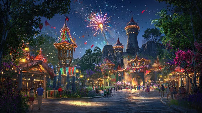 A Festive Night at an Amusement Park with Fireworks Lights and Happy ...