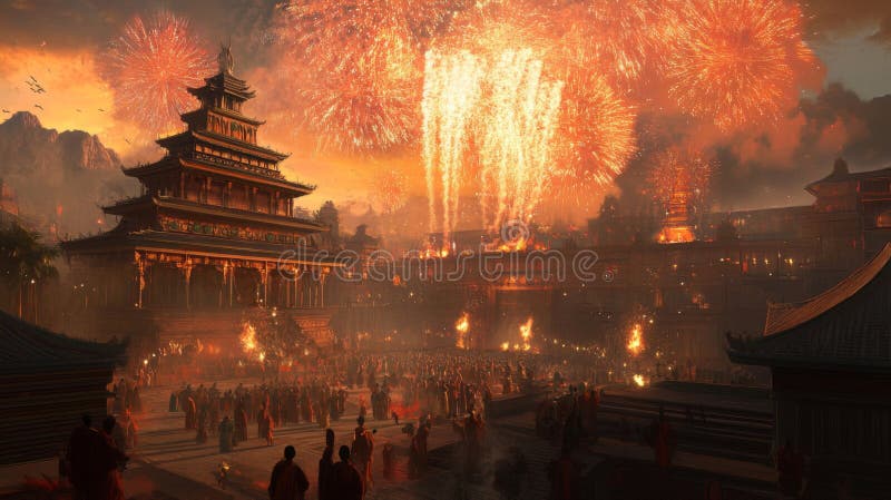 A Festive Night in an Ancient Chinese City with Fireworks Display Stock ...