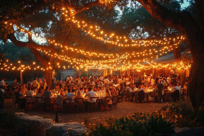 Festive Night of Dancing and Socializing Under String Lights at Stock ...