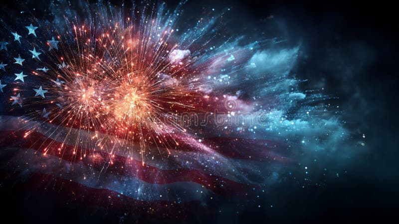 Festive Night Fireworks Over a Starry Flag Stock Illustration ...