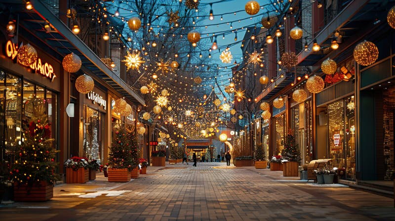 A Festive, Nighttime View of a Cobblestone Street Lined with Shops ...