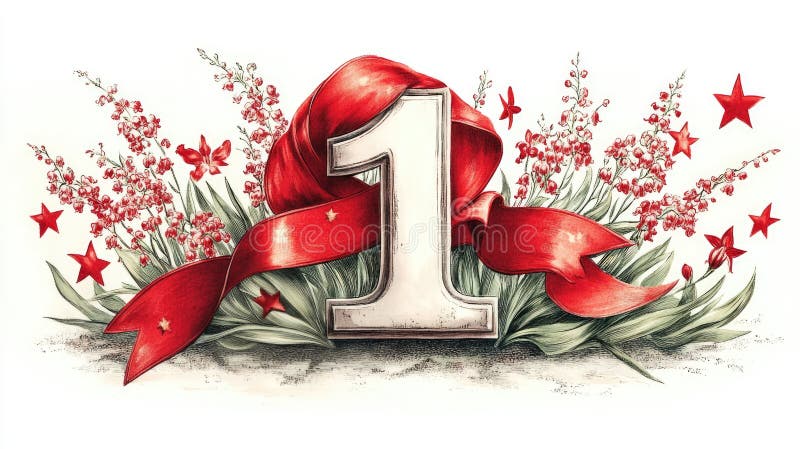 Festive Number One with Red Ribbon and Flowers Stock Photo - Image of ...