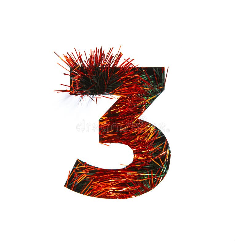Festive Number Three of Red Tinsel and Paper Cut Shape of Third Numeral ...