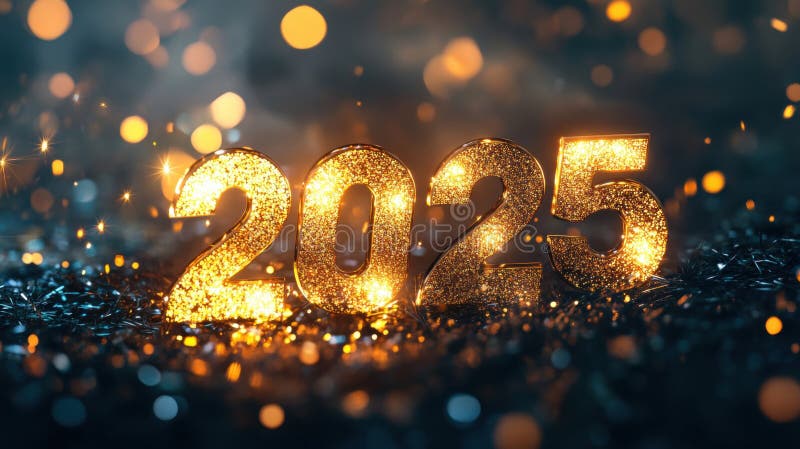 Festive 2025 Numbers Glowing in Gold with Sparkles on a Dark Backdrop ...