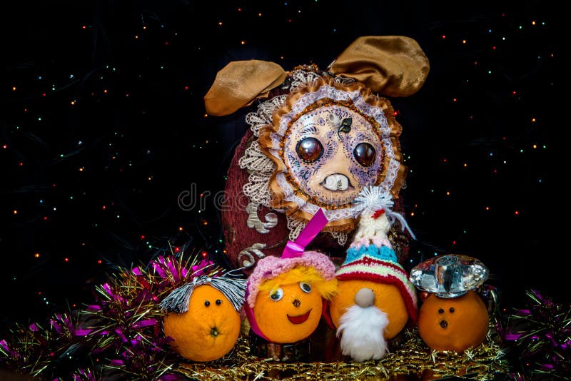 Festive Orange on a Dark Background with Colorful Bulbs. Stock Photo ...