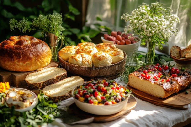 Festive Orthodox Feast with Traditional Bread and Fresh Salad Display ...