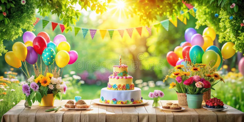 A Festive Outdoor Birthday Party Setup with Cake and Balloons ...