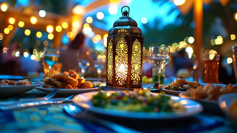 Festive Outdoor Dinner Party with Lantern Centerpiece Stock Photo ...