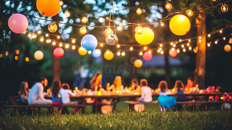 Festive Outdoor Dinner Party at Night with String Lights and Balloons ...