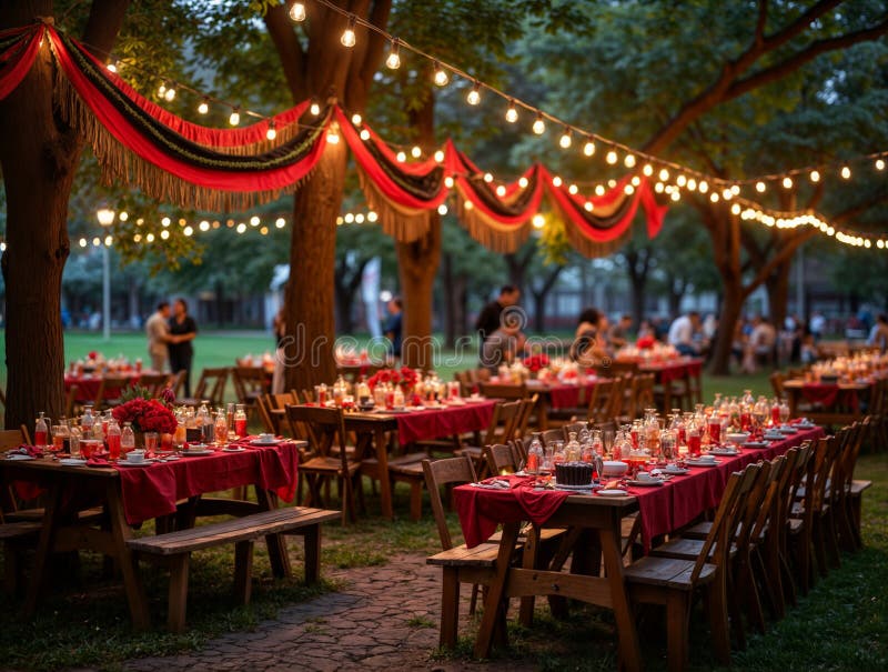Festive Outdoor Dinner Table with Red and Black Decorations Under ...