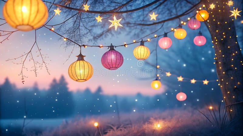 Festive Outdoor String Lights at Dusk in a Winter Wonderland Stock ...