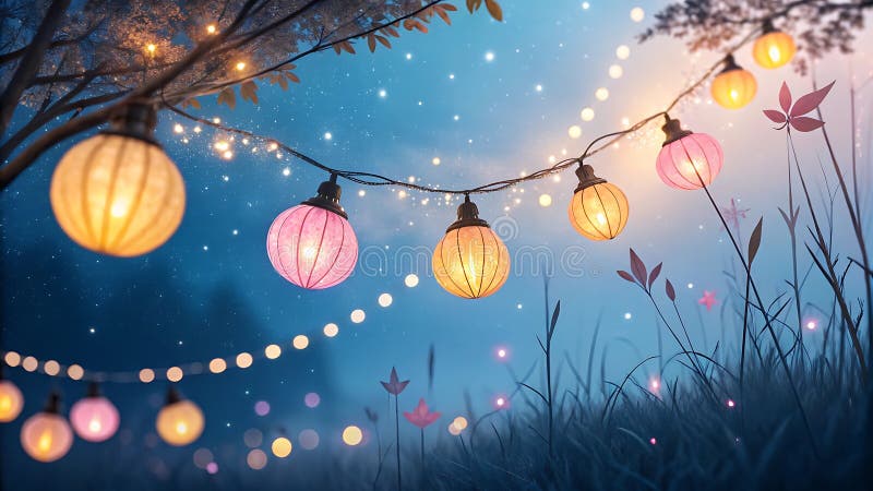 Festive Outdoor String Lights at Dusk in a Winter Wonderland Stock ...