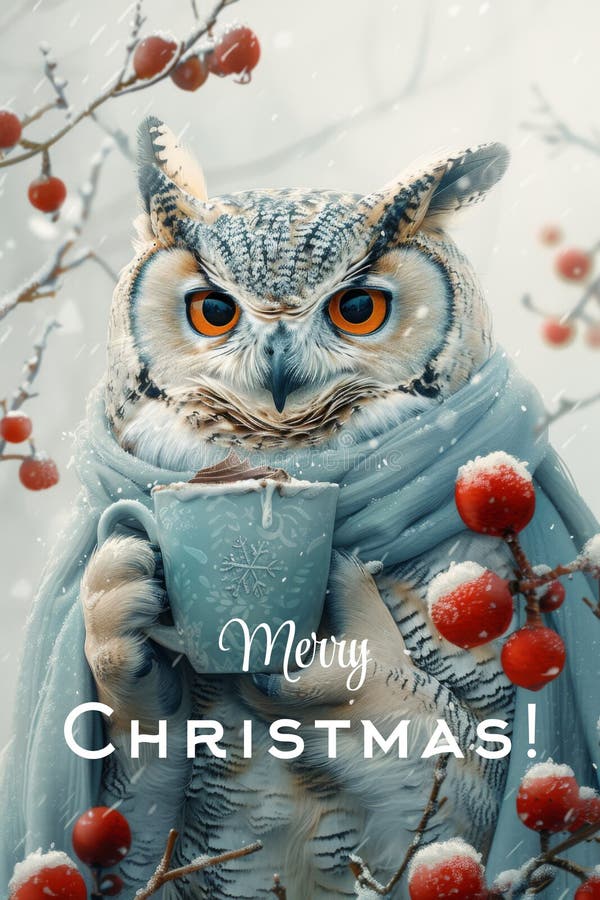Festive Owl Holding Cup in Snowy Christmas Setting with Red Berries ...