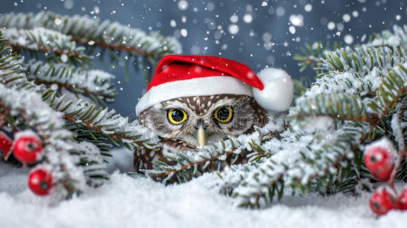 Festive Owl in Santa Hat on Christmas Backdrop for Ads and Postcards ...
