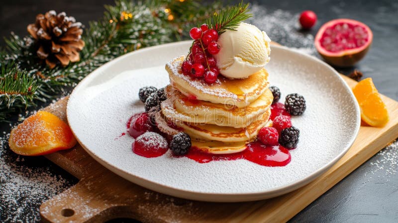 Festive Pancakes with Berries and Ice Cream on Holiday Table Setting ...