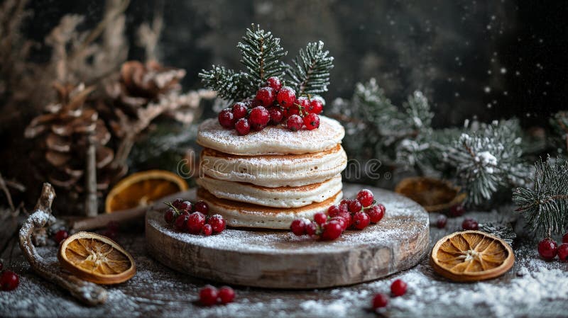 Festive Pancakes with Fresh Cranberries and Winter Decor Stock Photo ...