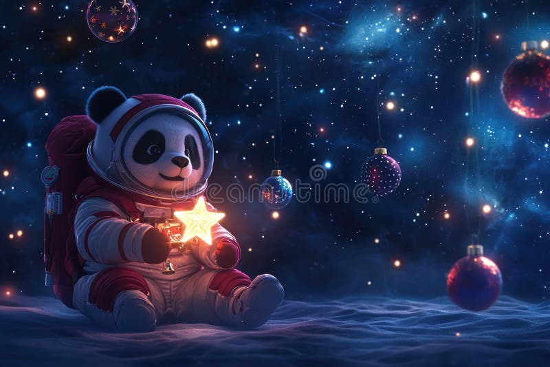 Festive Panda Astronaut Holding Glowing Star in Cosmic Scene Stock ...