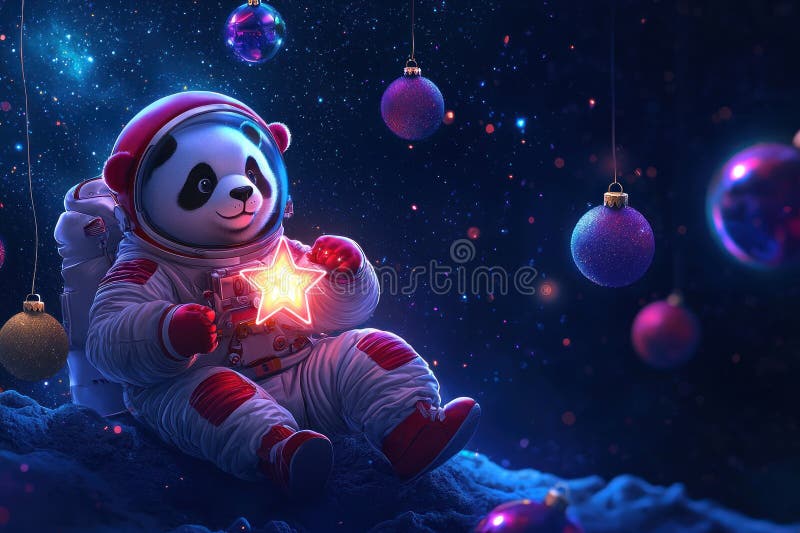 Festive Panda Astronaut Holding Glowing Star in Space, Joyful Scene ...